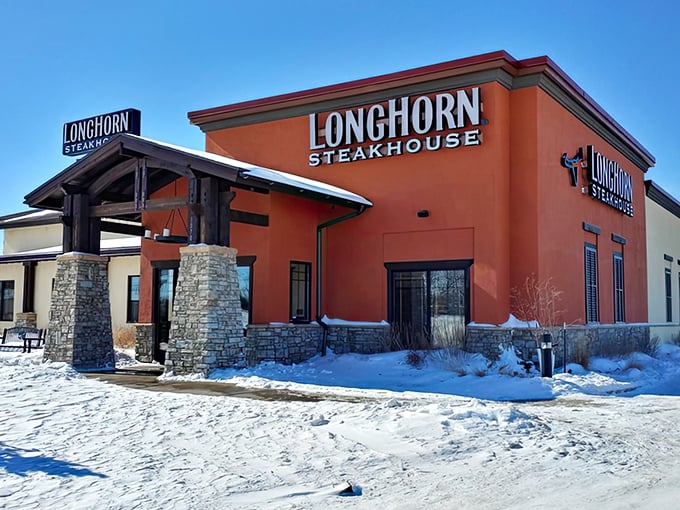 LongHorn Steakhouse: That distinctive Western-inspired architecture stands out against the North Dakota sky like a perfectly cooked ribeye on a white plate.