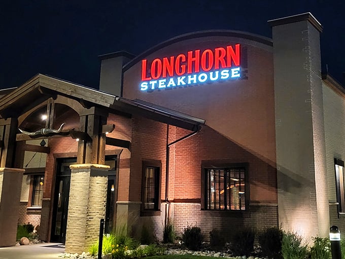 As night falls, LongHorn's illuminated sign glows with promise &ndash; like a lighthouse for the steak-starved soul.