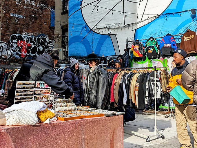 Urban grit meets vintage gold at Ludlow Flea &ndash; where street art provides the perfect backdrop for treasure hunting.