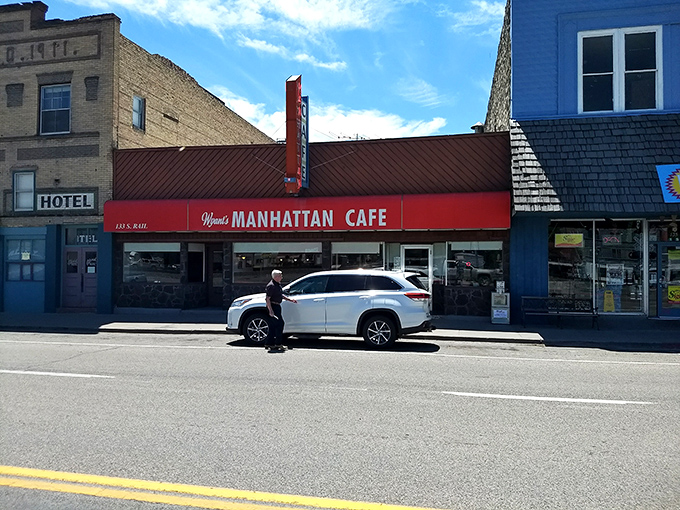 Sunshine gleams off the Manhattan's classic storefront. This isn't New York, but the coffee's just as strong.