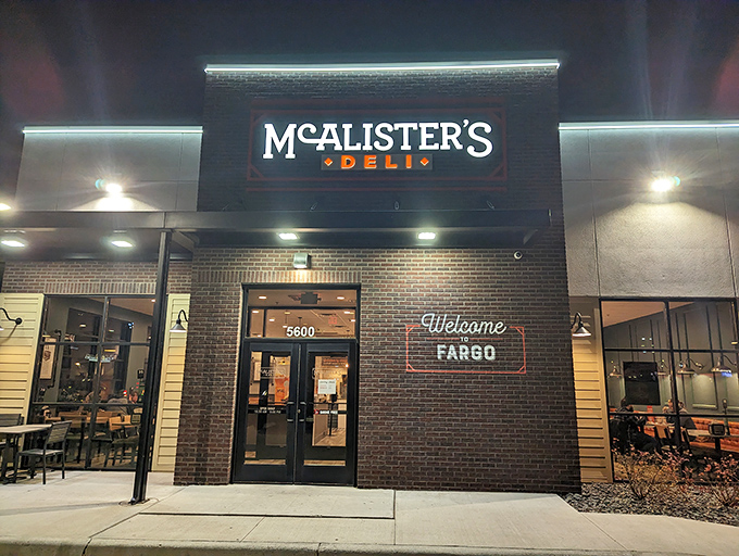 "Welcome to Fargo" indeed! McAlister's evening glow promises sweet tea and sandwiches that make winter nights warmer.