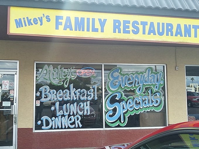 That blue sign and everyday specials board at Mikey's tells you this is a place where regulars become family.