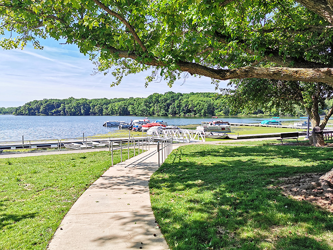 Boats bob gently at Moraine View's marina, waiting patiently for their next adventure on the sparkling lake.