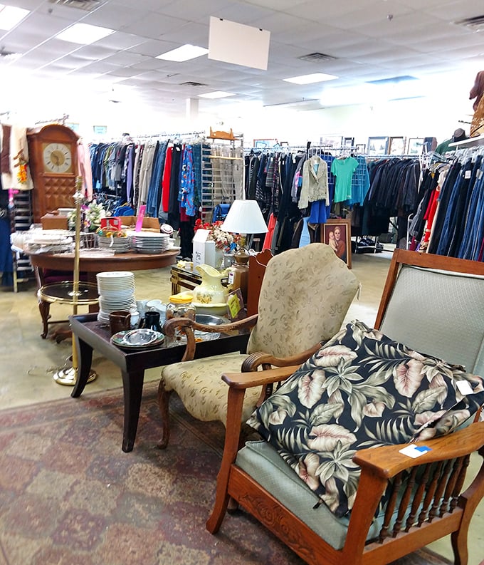 The interior of Open Door Thrift Store showcases an impressive mix of furniture, housewares, and vintage treasures.