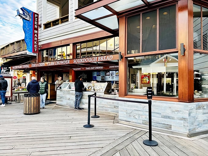 Where tourists and locals happily collide! Pier Market's inviting facade promises the quintessential San Francisco experience &ndash; seafood with a view.