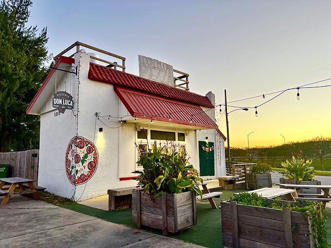 Golden hour lighting and rustic charm create the kind of dining backdrop that makes every meal memorable.
