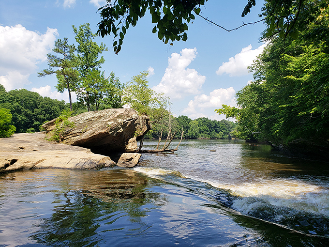 Ancient rock layers tell stories older than human memory along this peaceful waterway.