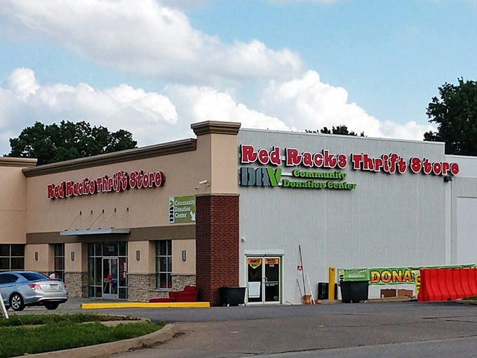 The "Community Donation Center" sign at Red Racks reminds us that yesterday's closet cleanout becomes tomorrow's thrifting gold.