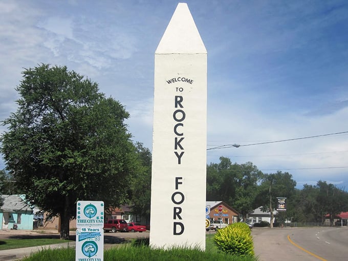 That iconic white obelisk welcomes you to Rocky Ford, where your Social Security check stands just as tall.