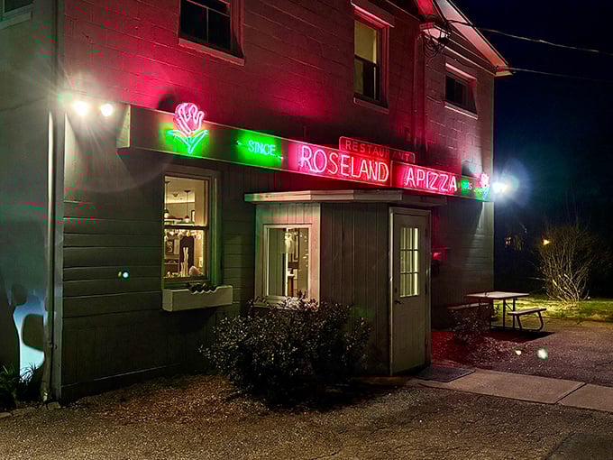 Roseland's neon sign glows like a pizza aurora borealis. The red and green lights have been Connecticut's northern star of great pizza for decades.