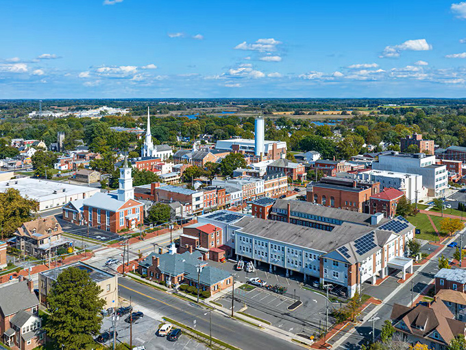 A bird's-eye view of Salem reveals a compact, walkable community where history and affordability create the perfect retirement setting.