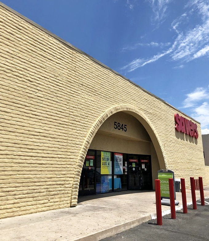 That distinctive arched entrance welcomes bargain hunters into one of Arizona's thrift shopping destinations.