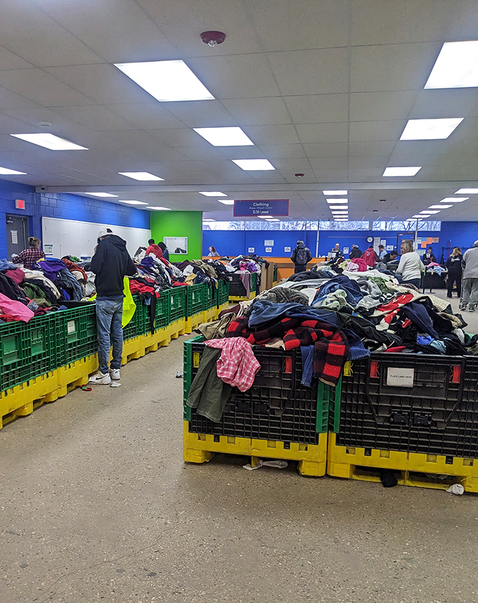 Mountains of clothing bins create the ultimate dig-and-discover adventure for serious bargain hunting enthusiasts.