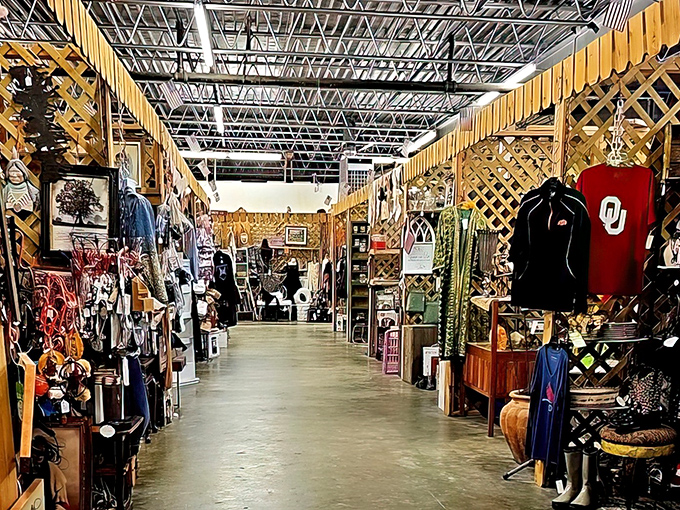 OU merchandise peeks out among treasures at The Hitch n Post, where Oklahoma pride shares shelf space with vintage finds.