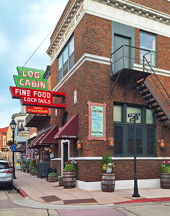 Corner presence with vintage appeal in downtown Galena. Those barrels aren't just decoration&mdash;they're a hint at the robust flavors waiting inside.
