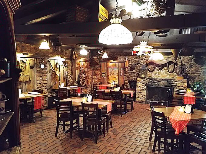 Stone walls and warm lighting create the cozy den of steak dreams. The Peddler knows comfort is the best seasoning.