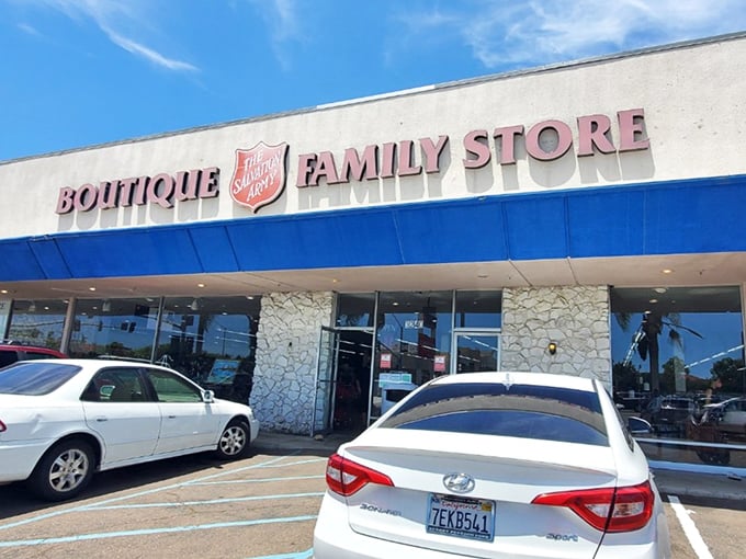 The Salvation Army's familiar shield logo watches over this spacious thrift store. Even the building looks ready to serve the community.