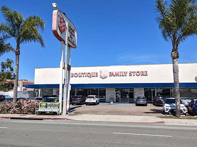 Palm trees frame this family-friendly thrift destination. The stone facade adds a touch of class to secondhand shopping.