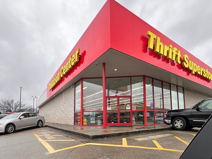 Even on cloudy days, the Thrift Superstore's bright red exterior radiates with the promise of amazing finds.