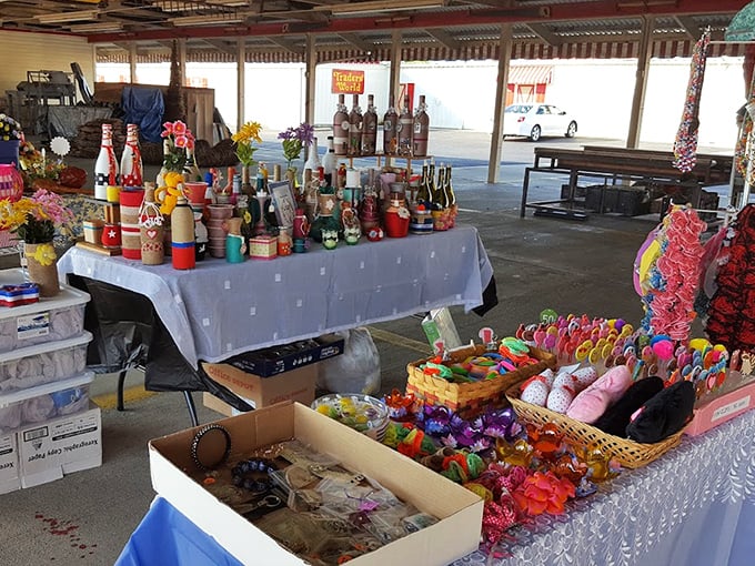 Flea market magic happens when vintage bottles meet childhood toys in this delightful jumble of nostalgia.