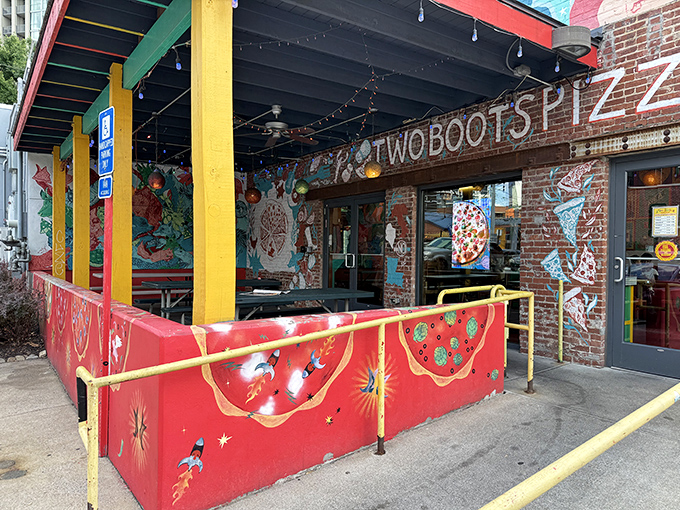 The playful exterior of Two Boots Nashville is like its pizzas &ndash; bold, colorful, and not afraid to stand out from the crowd.