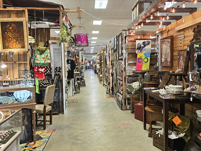 Every corner tells a story! This densely packed aisle at Two Fat Friends offers the thrill of discovery that online shopping simply can't match.