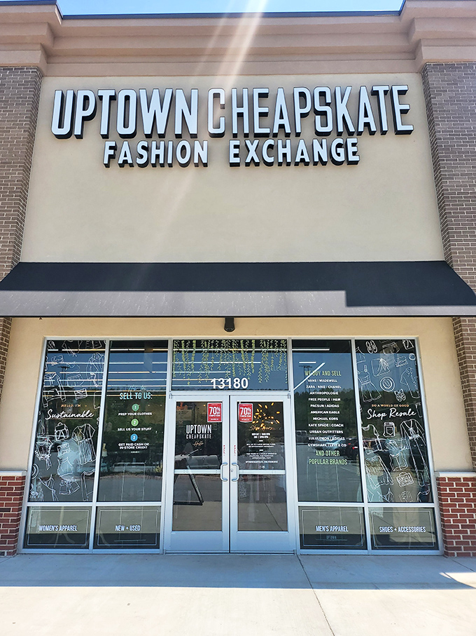 Sunlight glints off Uptown Cheapskate's windows—nature's spotlight on the fashion finds waiting inside.