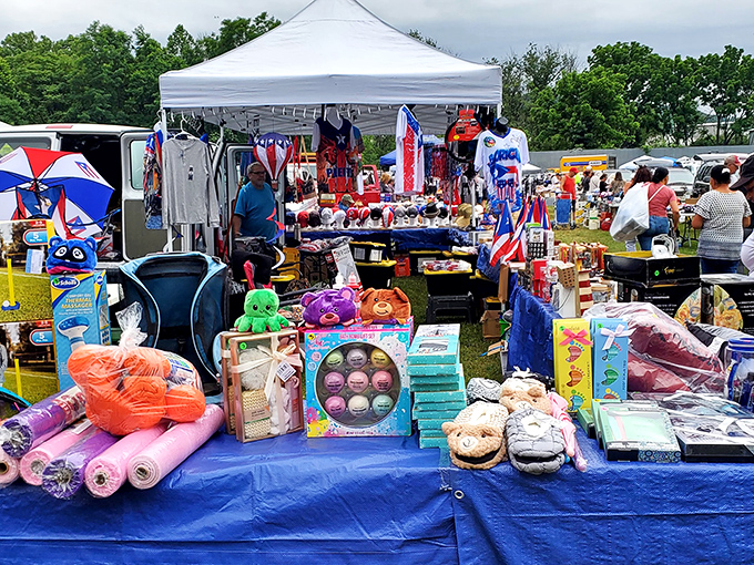 Summer's bounty of bath bombs and beach toys &ndash; where practical necessities mingle with whimsical indulgences under white tents.