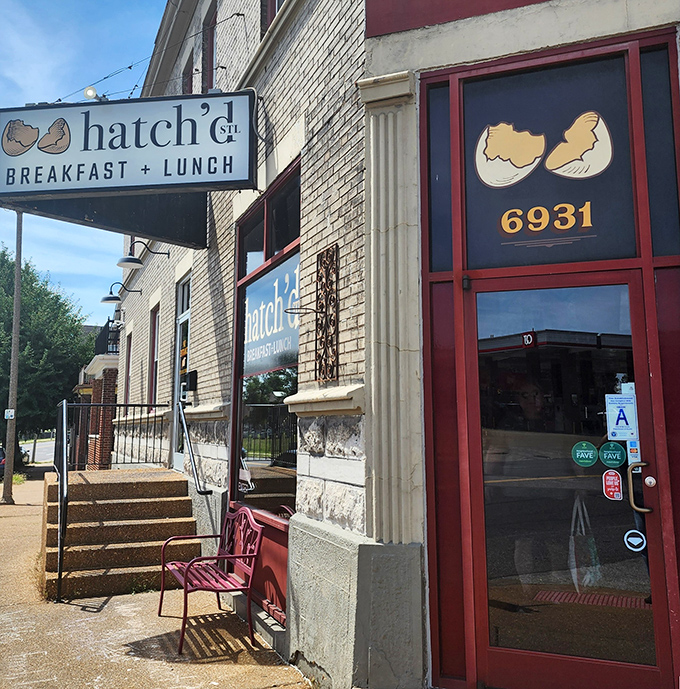 The red bench outside Hatch'd invites you to pause before breakfast. A moment of anticipation before the egg-citement begins.