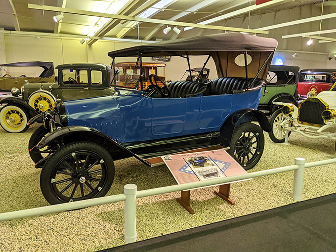 The 1917 Maxwell touring car sports the kind of jaunty blue that says, "Why yes, I am ready for a countryside adventure, thank you for asking!"