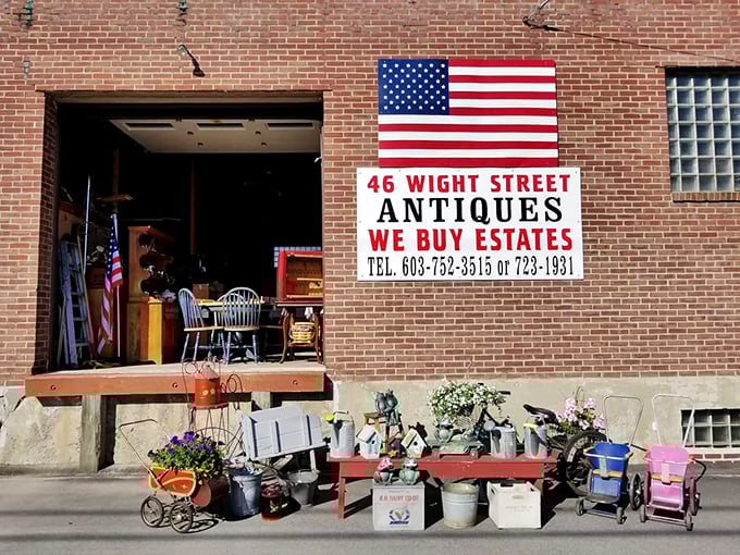 The antiques shop announces estate buying services, turning grandma's attic into someone else's treasure hunt without fancy auction fees.