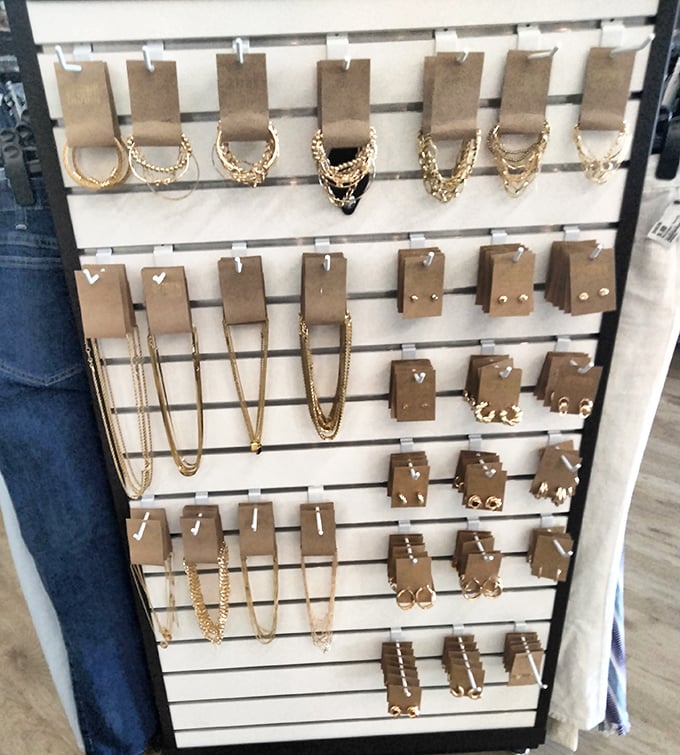 Jewelry and chains displayed with surprising elegance&mdash;because even bargain shopping deserves a little retail theater and sparkle.