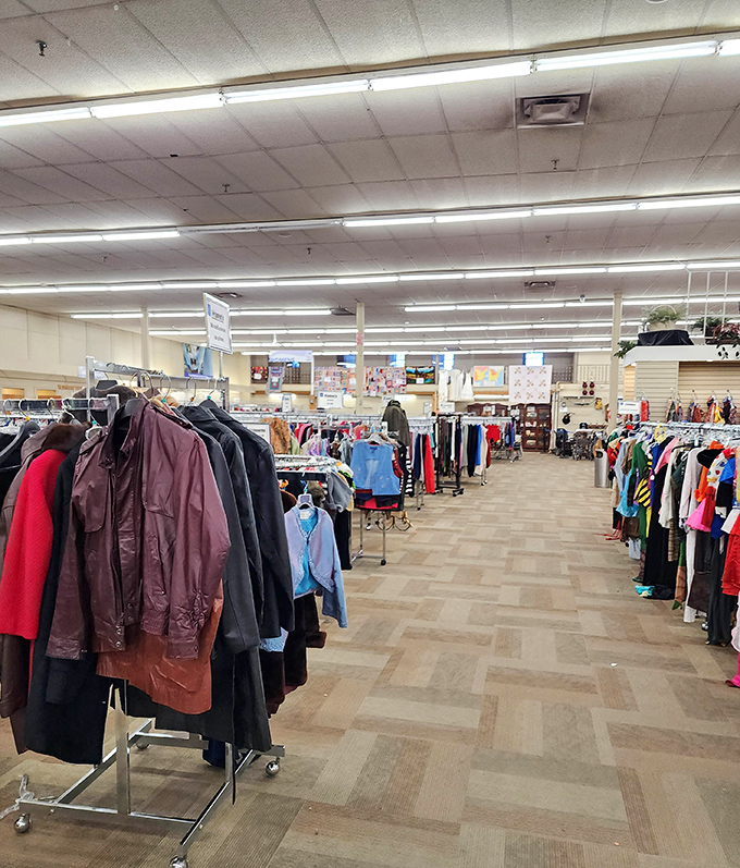 The clothing section stretches as far as the eye can see. Somewhere in these racks is the perfect leather jacket that someone inexplicably parted with
