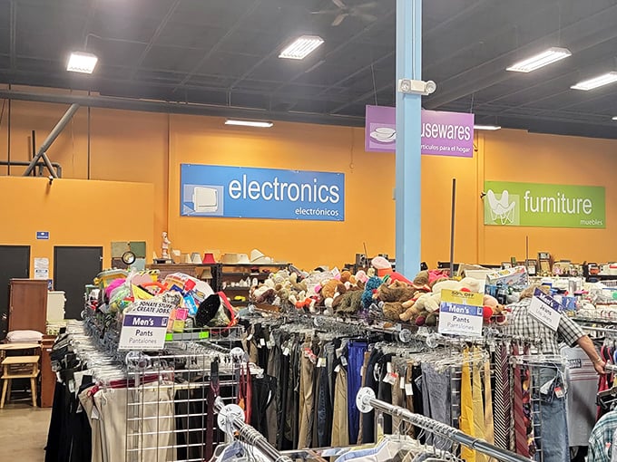 The electronics and furniture sections beckon with practical possibilities. Yesterday's tech and timeless wooden pieces await shoppers with vision and a little elbow grease.