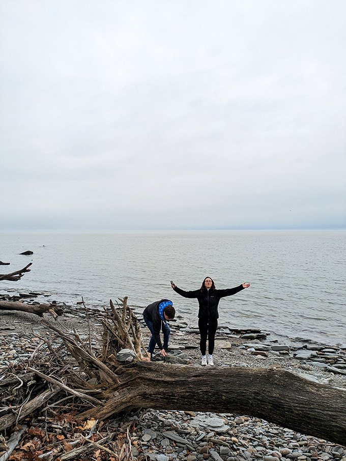 Joy looks like this&mdash;arms outstretched on a rocky beach, embracing Lake Erie's vastness while your friend hunts for perfect skipping stones.