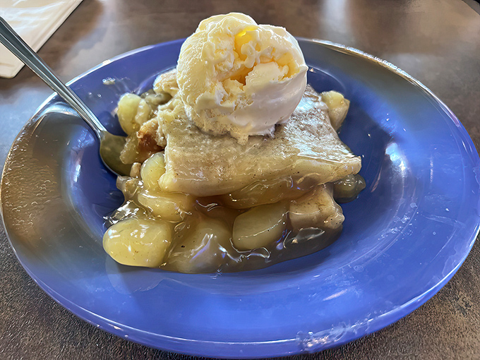 This isn't just apple cobbler; it's a warm hug in dessert form, topped with ice cream melting into all the right places.