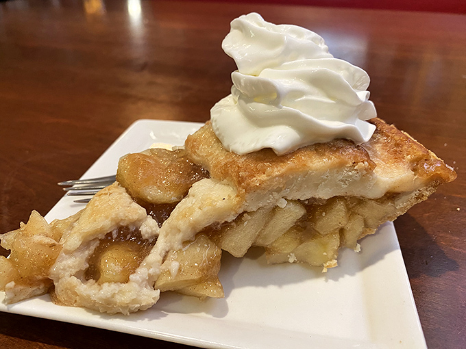Apple pie that would make your grandmother both proud and suspicious. Flaky crust, tender apples, and a dollop of whipped cream that melts like snowflakes in the desert.