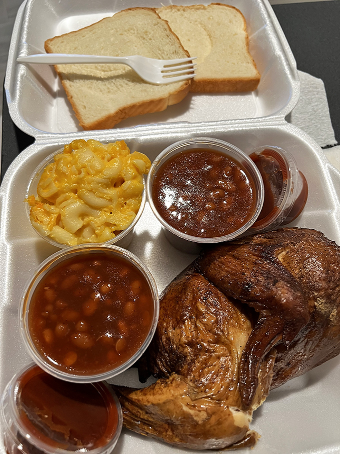 This isn't just chicken&mdash;it's poultry that's been given purpose through smoke and time. The mac and cheese and beans are worthy supporting actors.