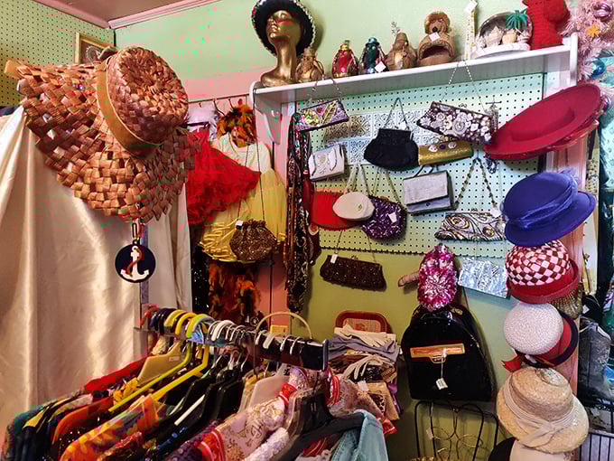 A vintage fashionista's dream corner &ndash; where hats and purses from bygone eras wait patiently for their comeback tour.