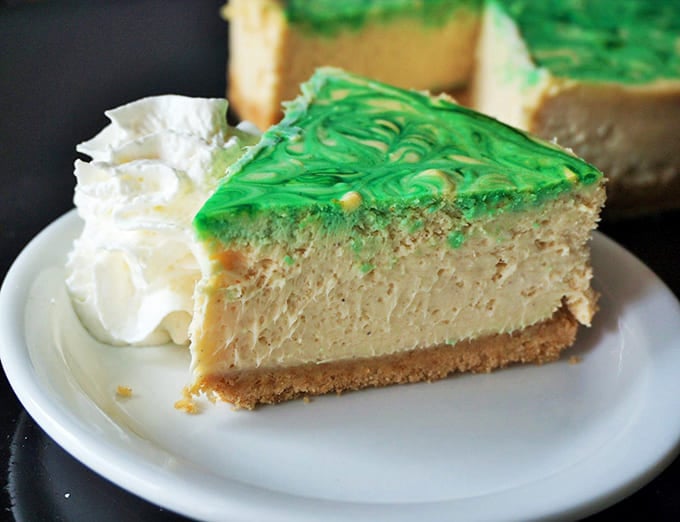 Bailey's cheesecake with that hypnotic green swirl—proof that St. Patrick's Day can be celebrated year-round if you believe in the power of dessert.