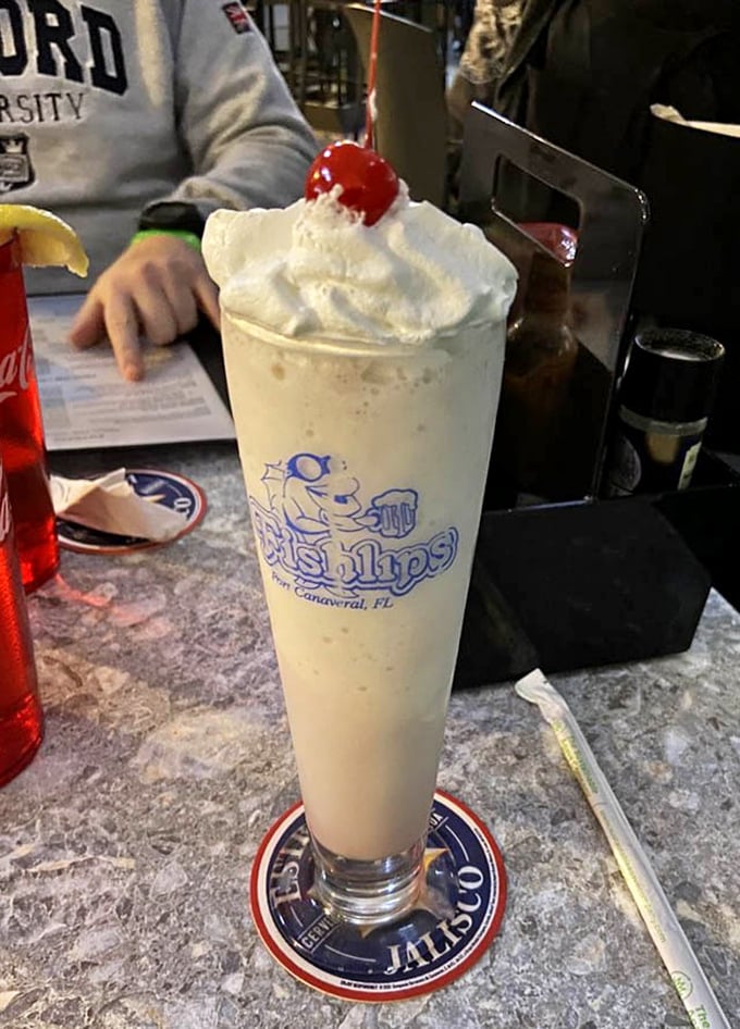 This creamy dessert drink topped with whipped cream and a cherry is what vacation calories were invented for.