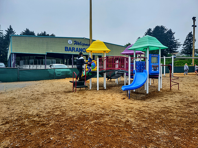 Even playground equipment in Kodiak comes in cheerful colors, as if to say, "Yes, we know it rains a lot, but look how happy we are anyway!"