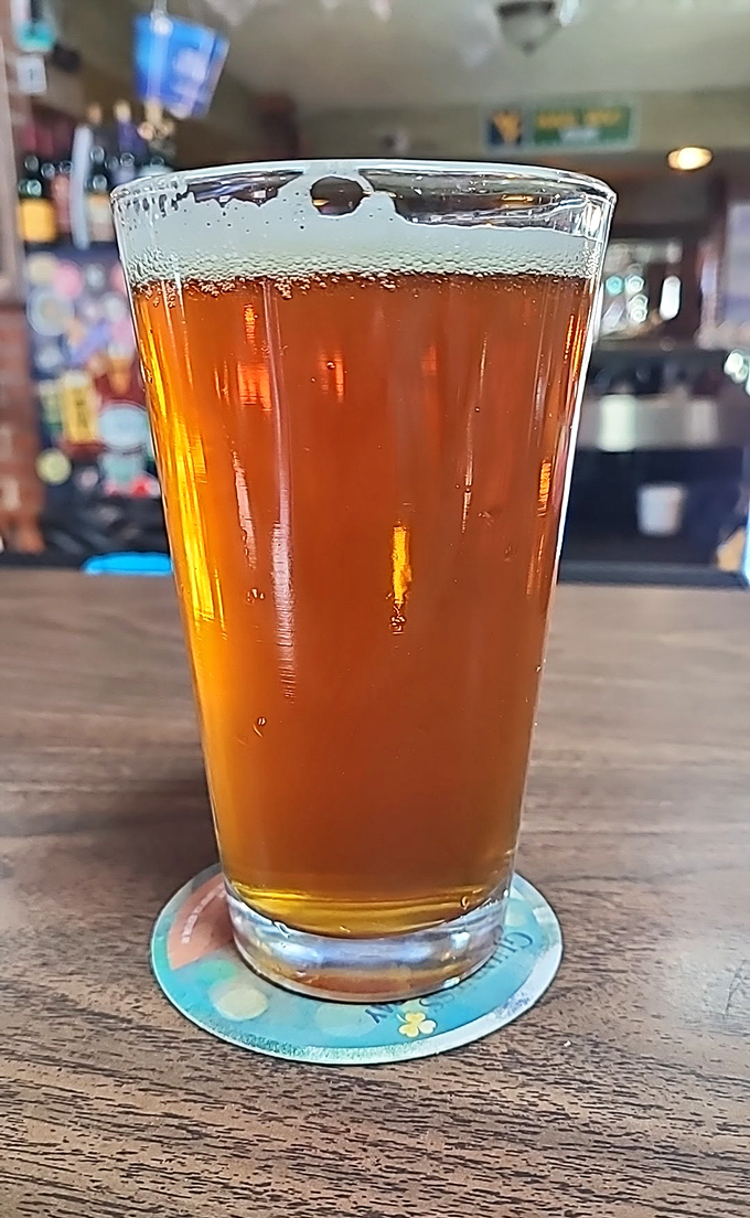 A perfectly poured beer catching the light just right&mdash;liquid amber that promises refreshment after a long day of adulting.