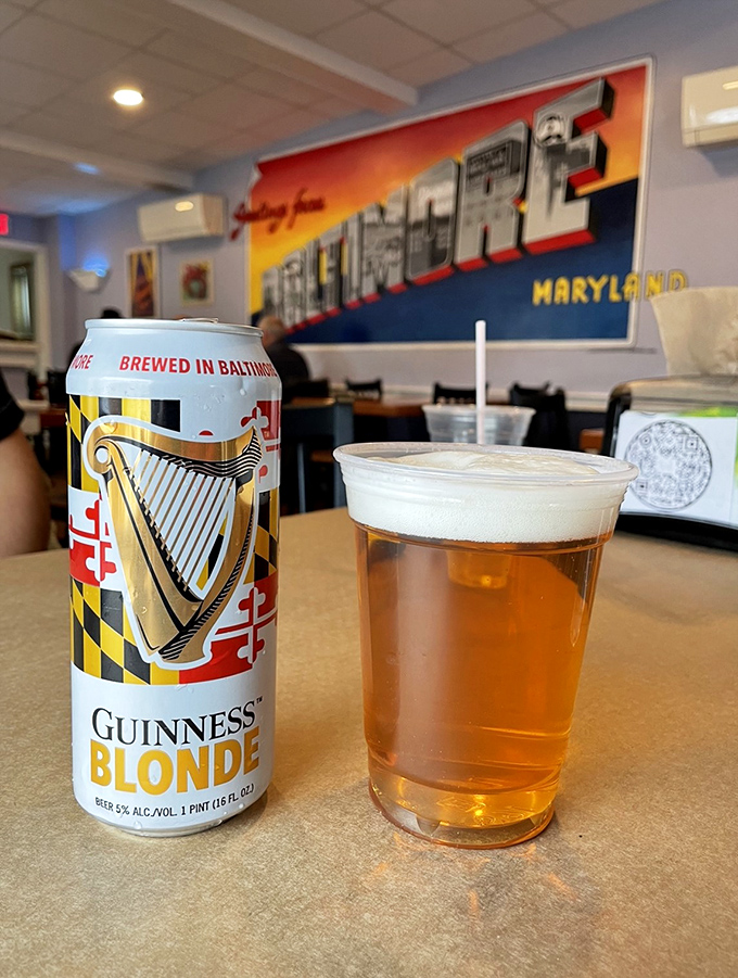 A cold Guinness Blonde alongside the Maryland-themed décor—because what pairs better with steamed crabs than a frosty local brew?