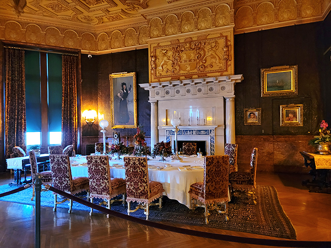 A formal dining room where even the chairs look like they have better posture than most of us. Dinner conversation optional, proper silverware usage mandatory. 