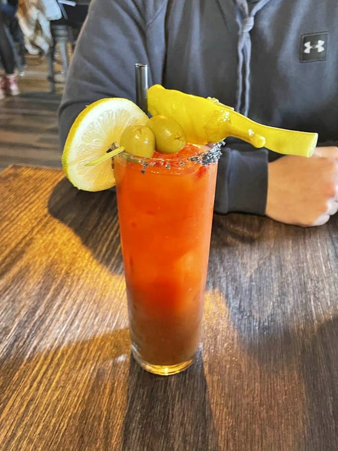 Not your average morning cocktail. This Bloody Mary comes dressed for success with enough garnish to qualify as a small appetizer.