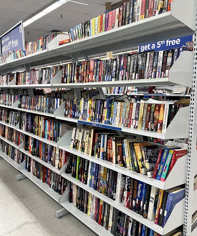 Books stacked shelf after shelf prove that great stories don't expire, and the buy-four-get-one-free deal sweetens the literary journey considerably.