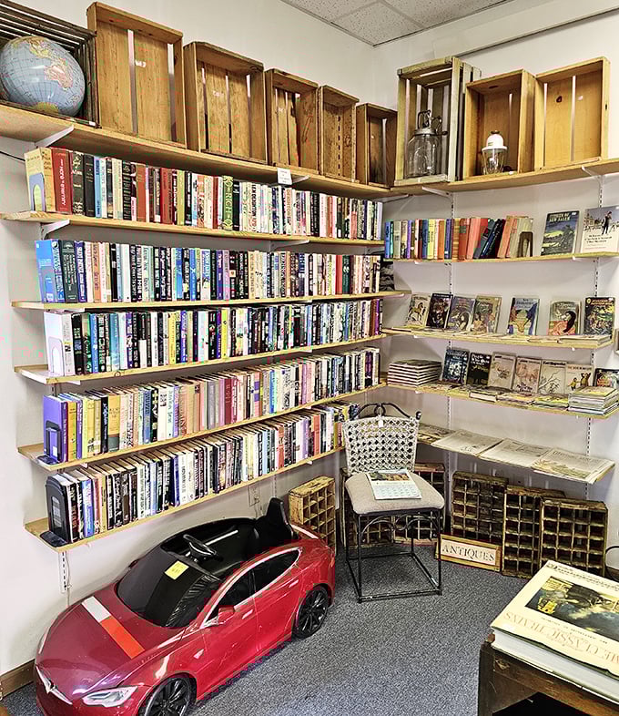 The bookworm's corner offers literary treasures organized with charming chaos. That red Tesla kiddie car adds a delightful anachronism.