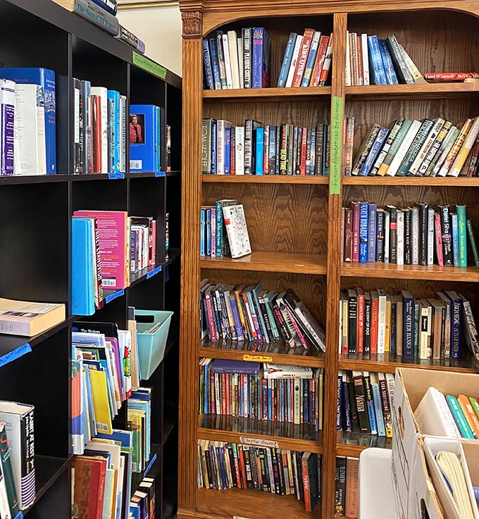 Bookshelves bursting with previously-loved stories waiting for their next reader. Why pay full price for a beach read that'll get sand in its pages?