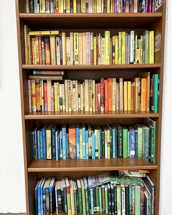 Color-coded book organization makes browsing a joy rather than a chore&mdash;the yellow section alone could brighten any rainy San Francisco afternoon.